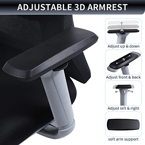 KARXAS Ergonomic Office Chair High Back Desk Chair with Adjustable Lumbar Support, Headrest & 3D Metal Armrest - 130° Rocking Mesh Computer Chair(Black&Grey)