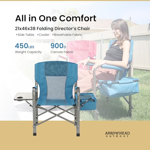 ARROWHEAD OUTDOOR Folding Director’s Chair w/Side Table & Integrated Cooler, Cup Holder, Storage Pouch, Supports up to 450lbs, Carrying Case, Steel Frame, High-Grade 900D Canvas, Blue (KKS0293U)