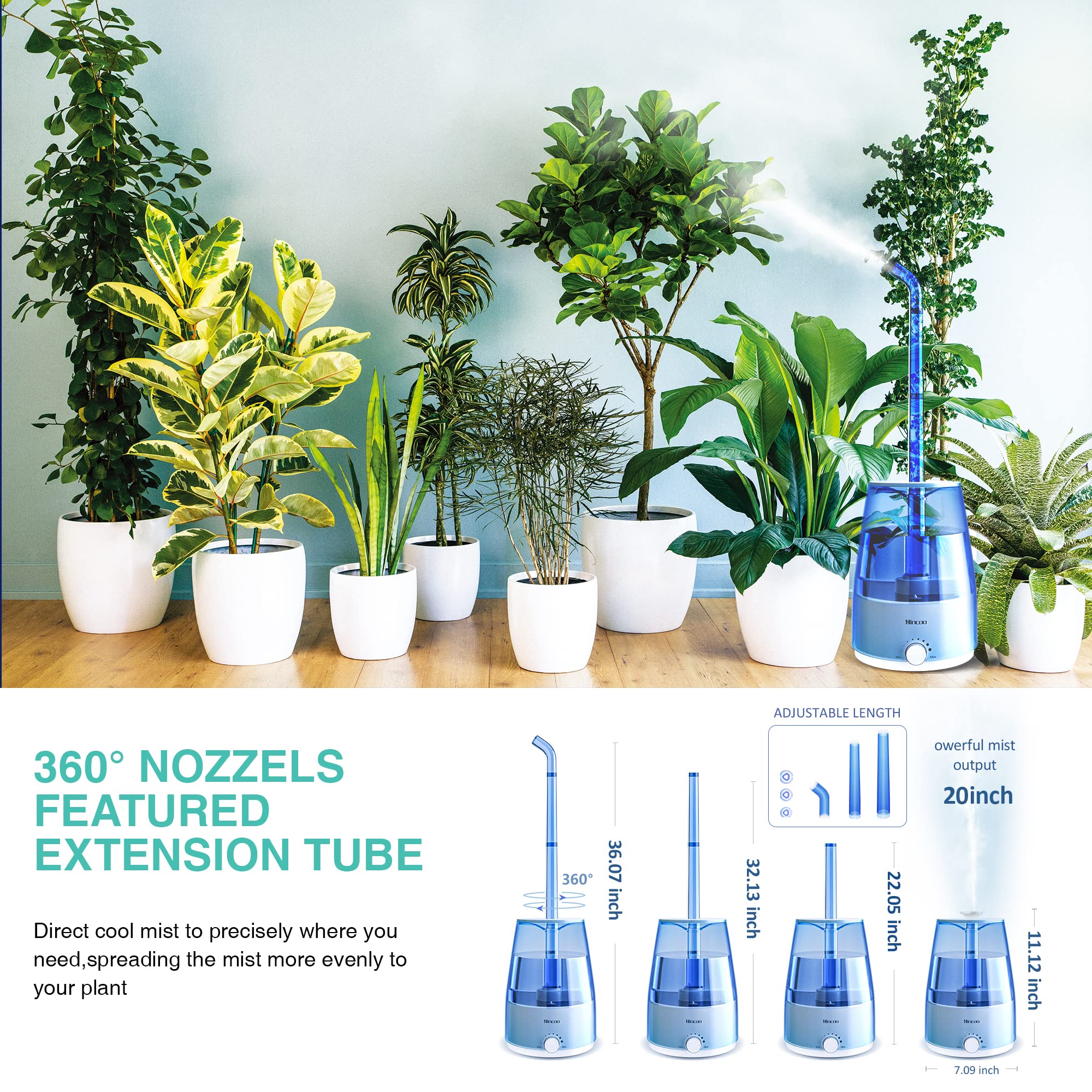 Hincoo Cool Mist Humidifiers for Large Room (4L), Top Fill Ultrasonic Humidifiers for Bedroom Quiet with Essential Oil Diffuser, Plant Humidifiers with Featured Extension Tube, Auto-Shut Off