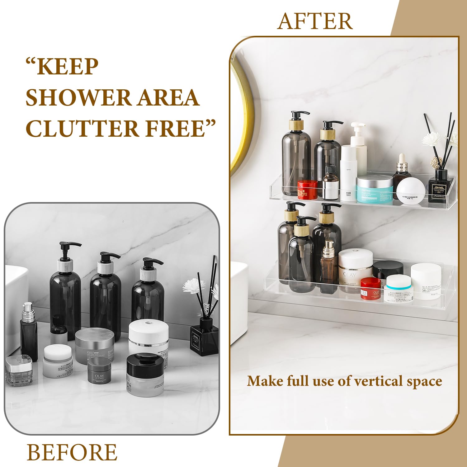 BLBYHO 2 Pack Acrylic Bathroom Shower Shelves Shower Caddy, 15" Clear Shower Organizer Floating Shelves Stick on for Bathroom Wall Mounted, Provide Adhesive Strips & Mounting Screws