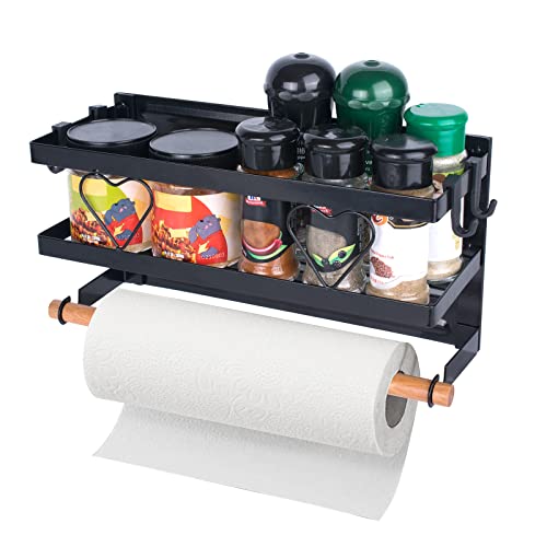 Graehn Magnetic Shelf for Refrigerator Paper Towel Holder Wall Mount Magnetic Spice Rack for Refrigerator Washing Machine Microwave Oven Organizer for Kitchen 4 Hooks (Black)