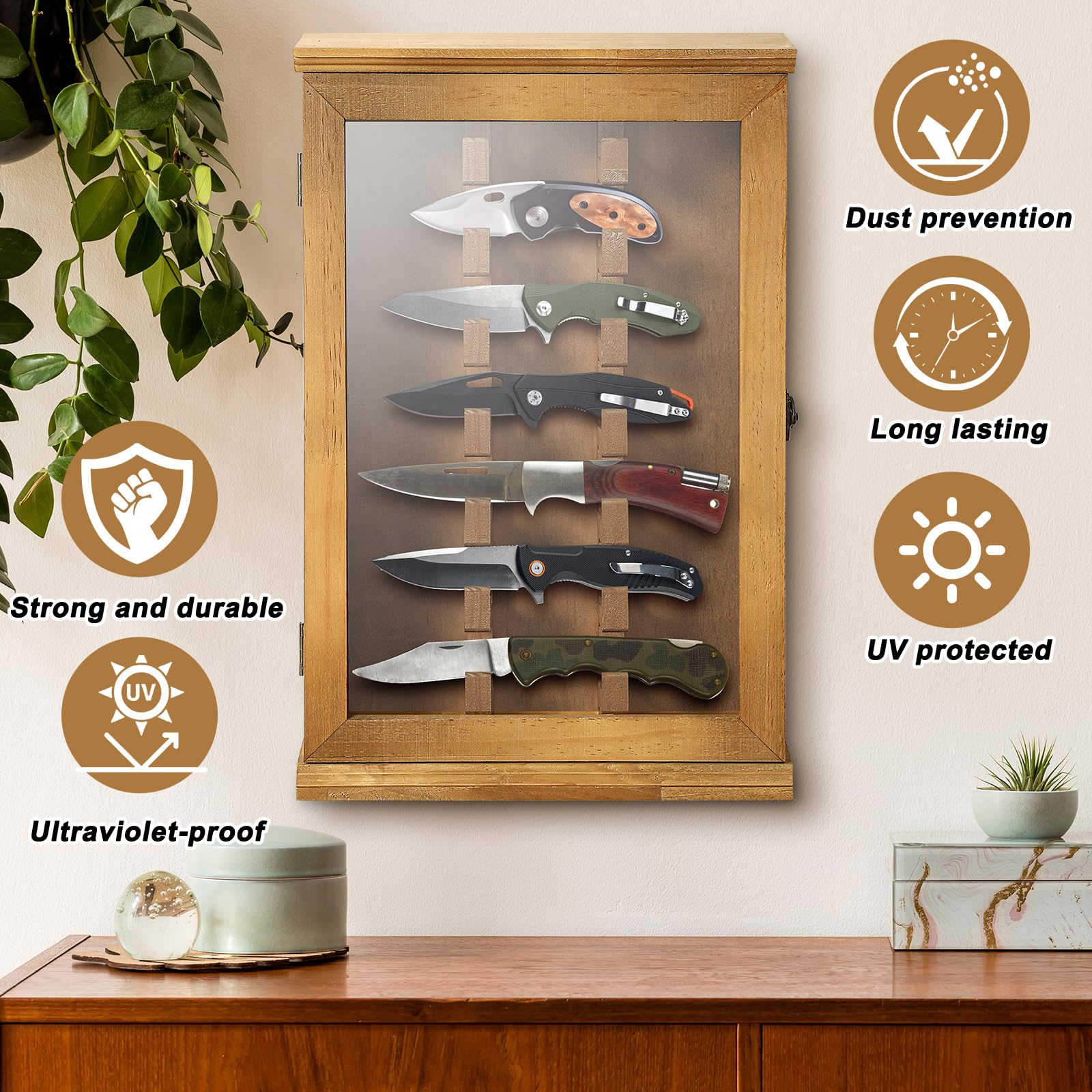 GlikCeil Pocket Knife Display Case with Lockable Clear Acrylic Door, Wall Mount Wooden Knife Display Stand, Knife Holder Display Cases for Collection, Storage, Military Folding Knife Shelf Shadow Box