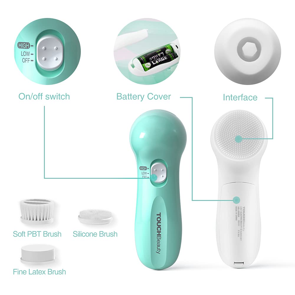 TOUCHBeauty Portable Facial Brush Set with Case & 3 Spin Brush Heads, 0.055mm Deep Pores Cleansing Bristle, Soft Silicone Massager Brush Face Exfoliator Brushes, Mini Travel Size Battery Powered