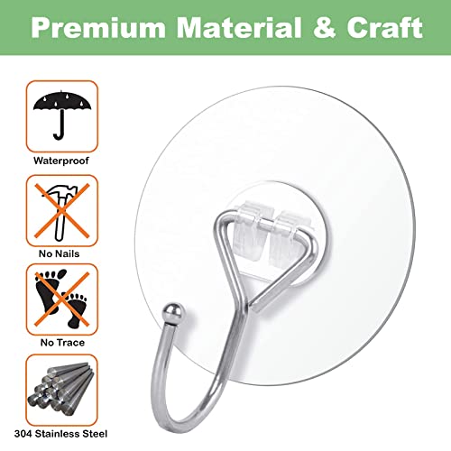 Large Adhesive Hooks 10 Pack, Waterproof 22lb Wall Hooks for Hanging Heavy Duty,Transparent Reusable Seamless Hooks Nail Free Sticky Hangers to use Inside Kitchen, Bathroom, Home and Office
