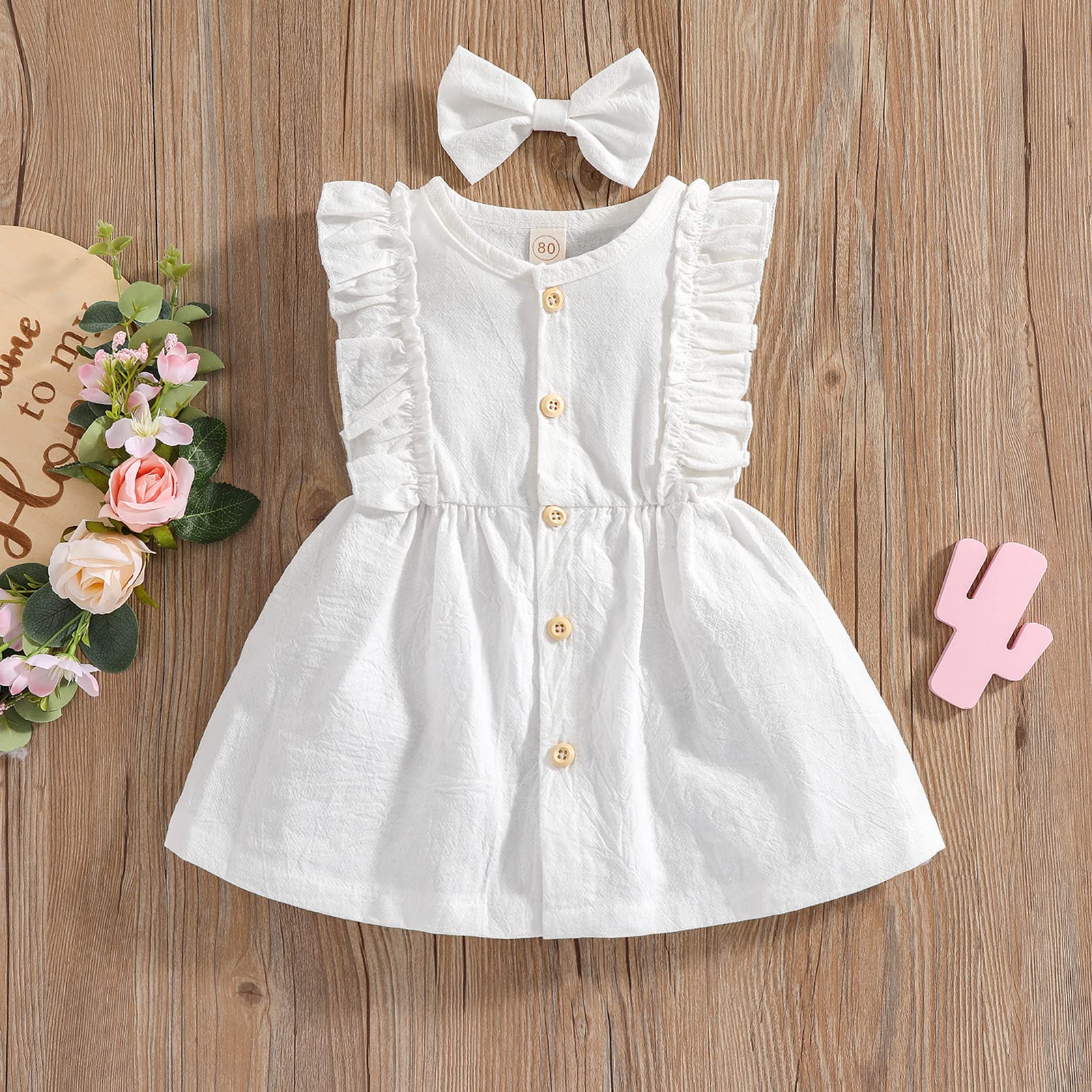 Cudilica Toddler Baby Girls Summer Dress Sleeveless Ruffle Solid Cotton Linen Button Princess Dresses Headband Infant Set (White, 6-12 Months)