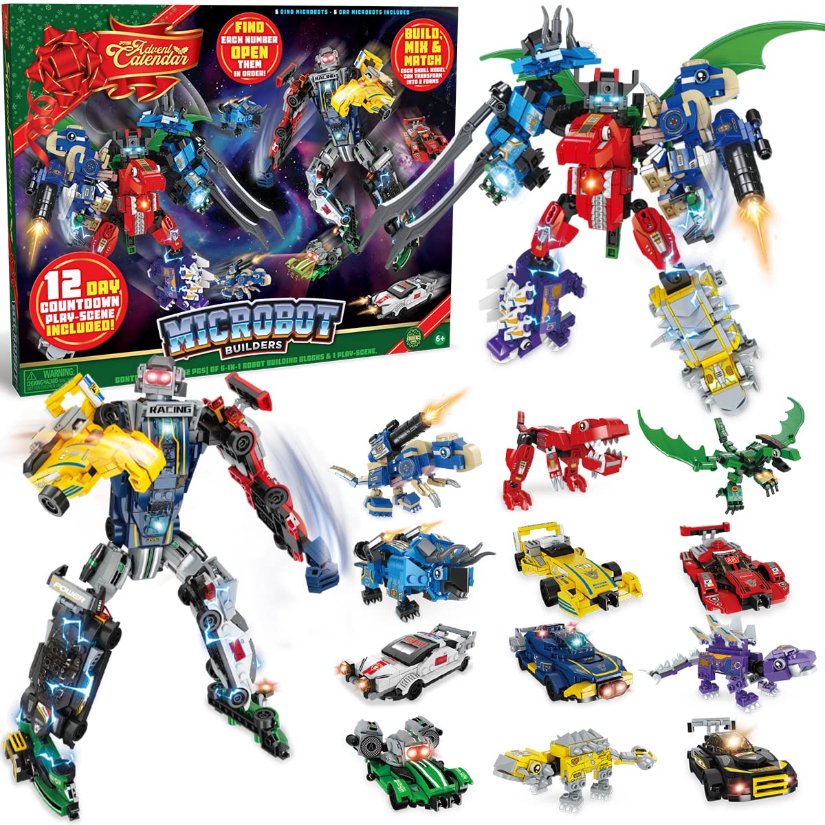 JOYIN 12 Days Christmas Advent Calendar with Cars Building Blocks 2023 Countdown Calendar with Robot Building Bricks 6-in-1 Toy Dinosaur Toy for Boys Kids Party Favors, Classroom Prizes, Xmas Gift