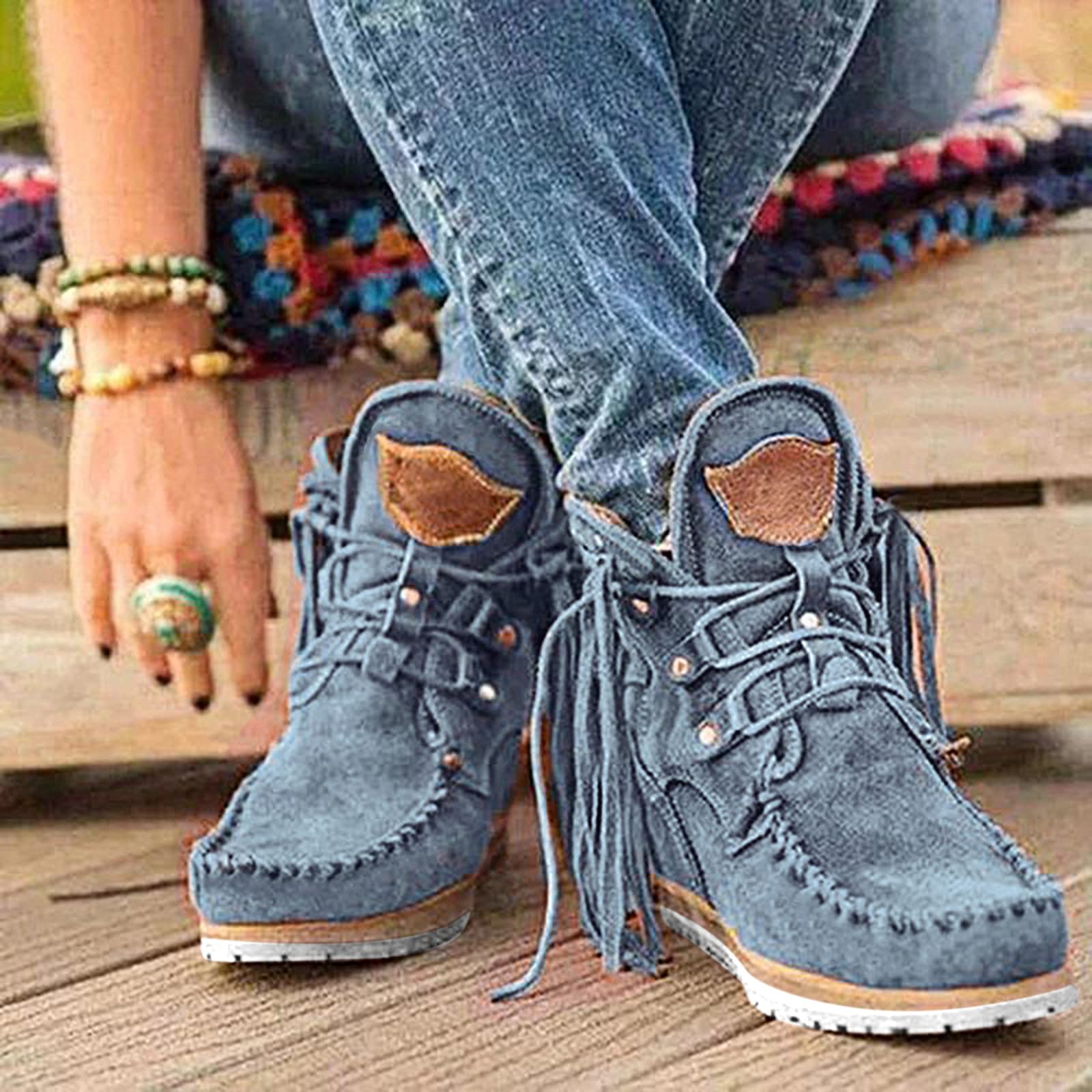 Ankle Booties Elastic Chunky Block High Heels Boots Shoes Tassel Round Retro Toe Ankle Lace Boots for Women Blue