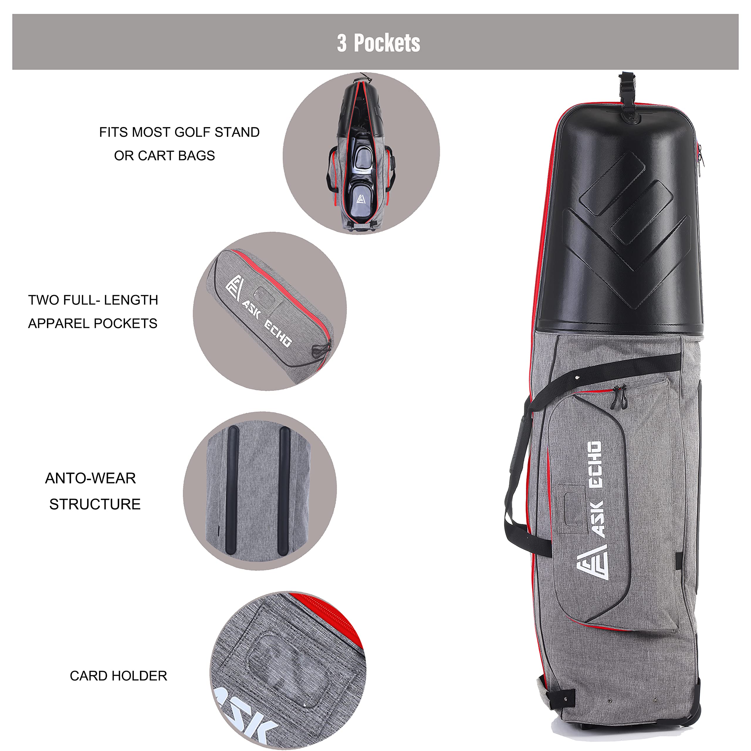 ASK ECHO Golf Travel Cover for Golf Bag with ABS Hard Top, Protect Travel Bag, with Wheels (Grey Red)