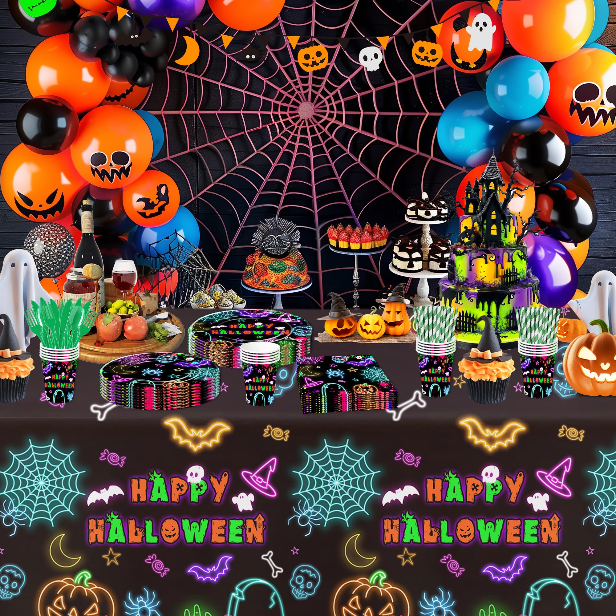 Aribra Neon Halloween Decorations Tablecloths, Glow Happy Halloween Party Supplies Table Covers, Disposable Neon Spooky Halloween Birthday Party Decorations Table Cloth, 3 Pack (108 x 54 Inch)