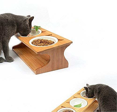 Smith Chu Premium Elevated Pet Bowls, Raised Dog Cat Feeder Solid Bamboo Stand with Ceramic Food Feeding Bowl - Cute Kitty Bowl for Cats and Puppy