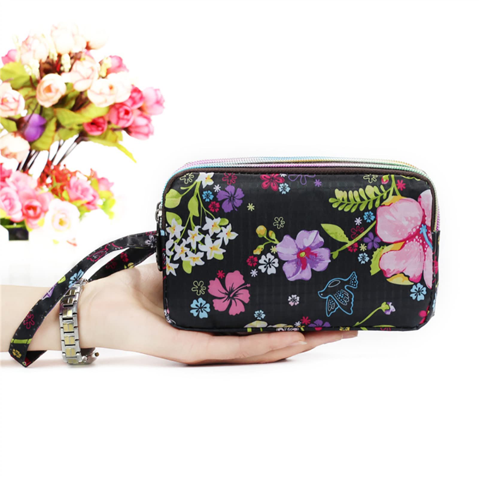 IKAXIYO Women Floral Print Cloth Wristlet Bag Coin Purse Zipper Wallet Cell Phone Pouch, Beautiful and Durable (A1)