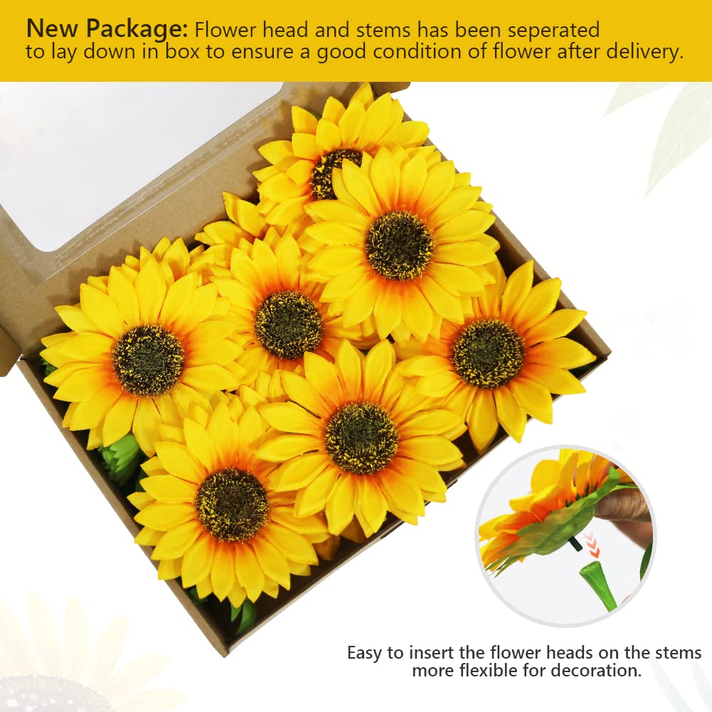 Olrla Artificial Sunflowers with Stems,10pcs Faux Silk Sunflower Bulk for Wedding Bouquet Floral Arrangement Table Centerpieces Home Office Garden Decoration