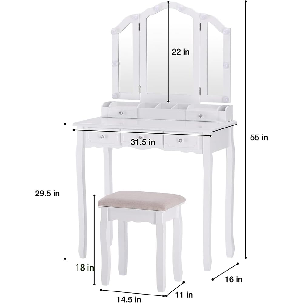 BLEXA White Makeup Vanity Table Set Vanity Desk with Light and Mirror Vanity Table with Drawers and Cushioned Stool Makeup Table with Mirror for Women and Girls(White) 