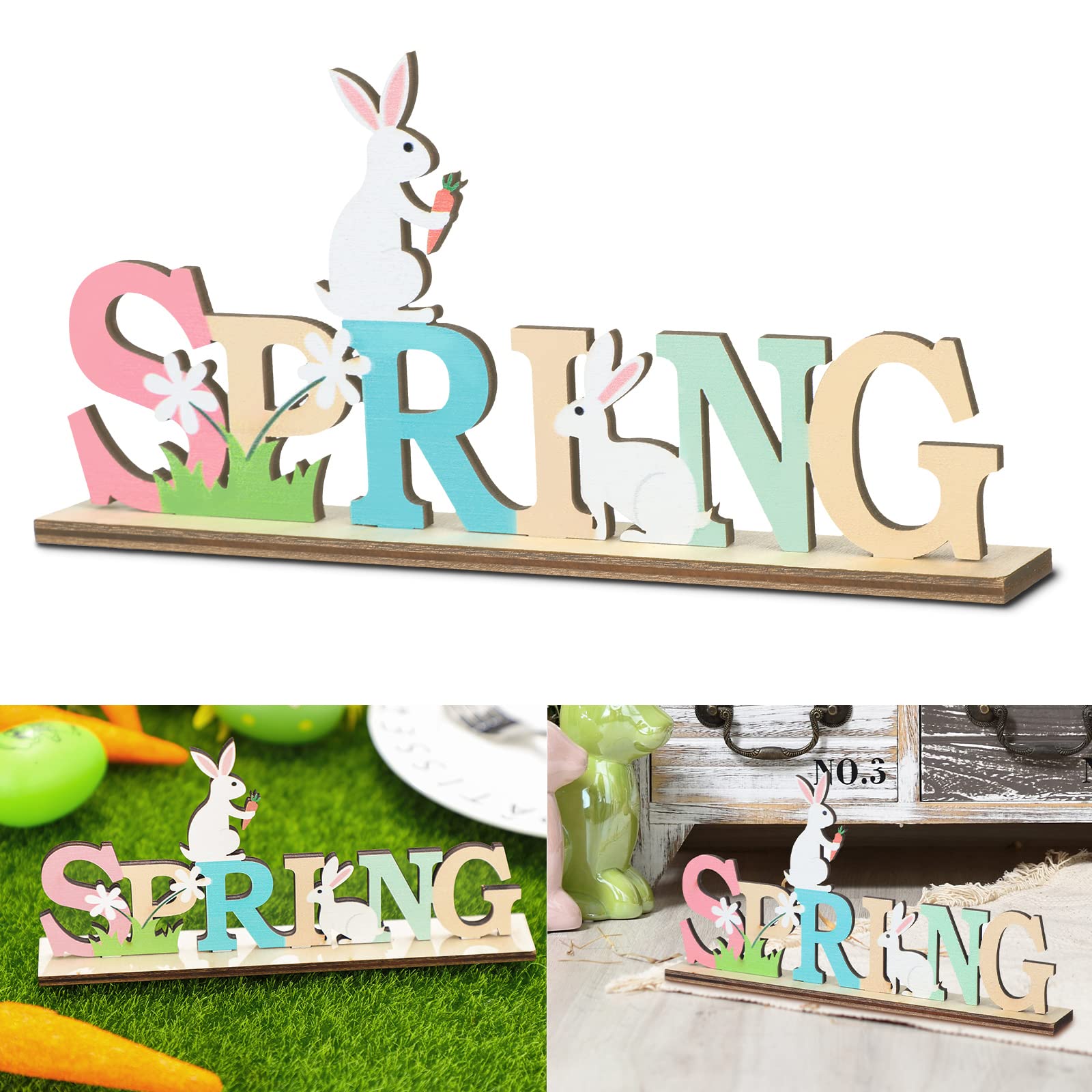 Jetec Easter Decorations Spring Bunny Tabletopper Bunny Rejoice Easter Egg Centerpiece Easter Figurines Tabletopper Ornaments for Spring Easter Indoor Outdoor Garden Yard Lawn Patio Party Decoration