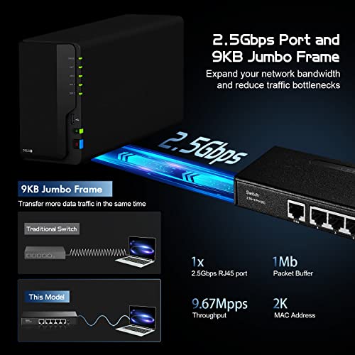 Binardat 5 Port Multi Gigabit Switch, 1 x 2.5 Gigabit and 4 x 1 Gigabit Ethernet RJ-45 Ports, Metal Fanless, Desktop and Wall Mount, Unmanaged Plug & Play Network Switch