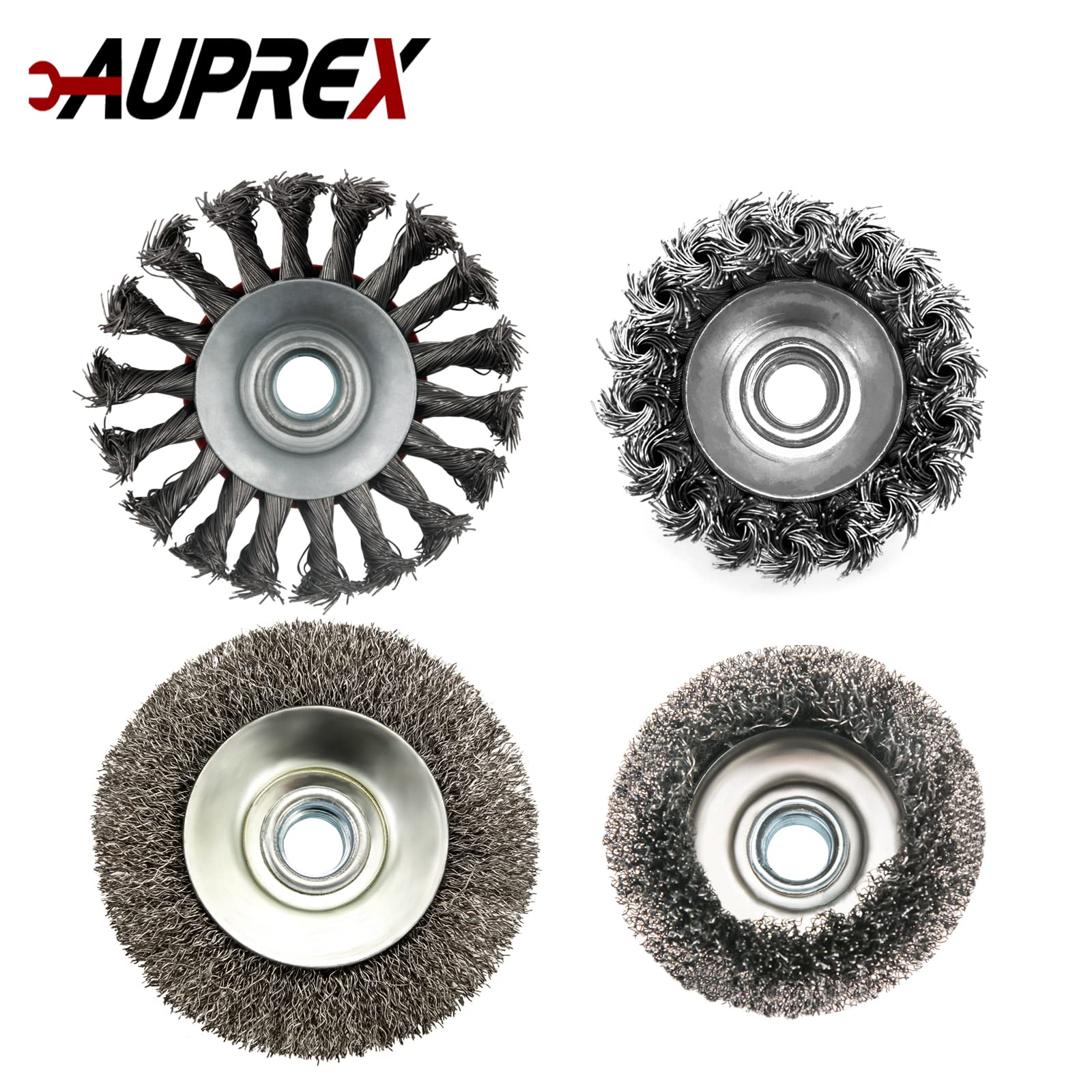 AUPREX 4 Pack Wire Wheel Brush for Angle Grinder, 4 Inch Angle Grinder Wire Wheel Set, 3 Inch Wire Cup Brush for 4 1/2 Angle Grinder, 5/8β-11 Thread Arbor, Twist Knotted Coarse Crimped Wire Brush Set
