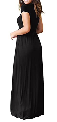 GRECERELLE Women's Short Sleeve Loose Plain Maxi Dresses Casual Long Dresses with Pockets Black Medium