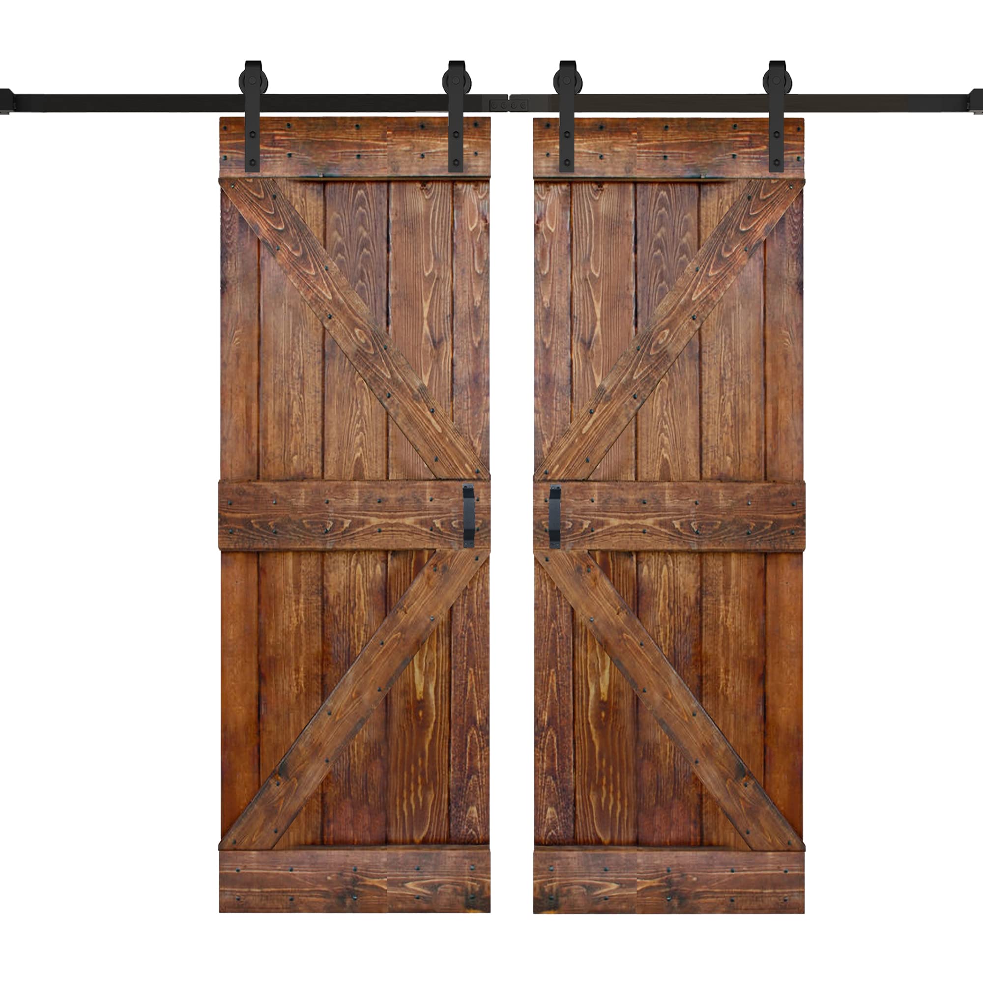 ISLIFE 56in X 84in Set of 2 Paneled Wood Painted K Series Solid Wood Interior Single Door DIY Interior Barn Doors with Installation Hardware Kit +2handls(Classic Walnut)