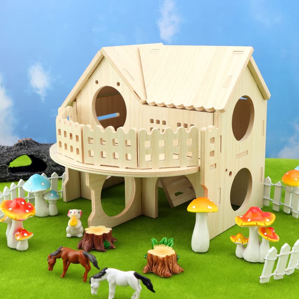 Hamster Forest Lookout Wood House Fun House Double-Decker Hut for Young Dwarf Gerbil Mouse Mice Rat Small Animals(Small Size Only for Small Hamster)