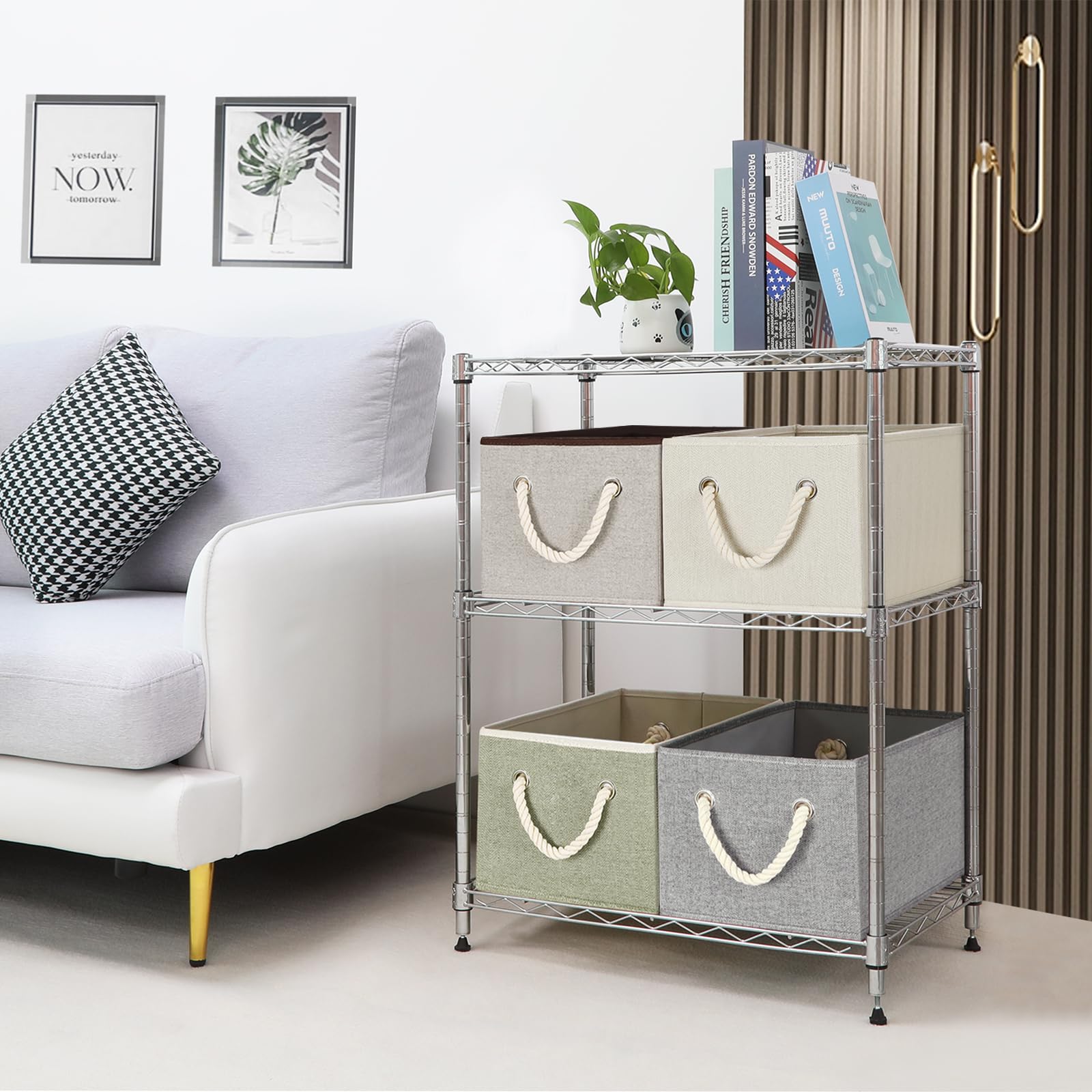 TOPIA HOME Closet Organizers and Storage Bins for Shelves, EXTRA LARGE, 3-Pack Foldable Storage Baskets for Organizing with Rope Handles, Collapsible Fabric Cube Organization Boxes, Gray, TP03DG