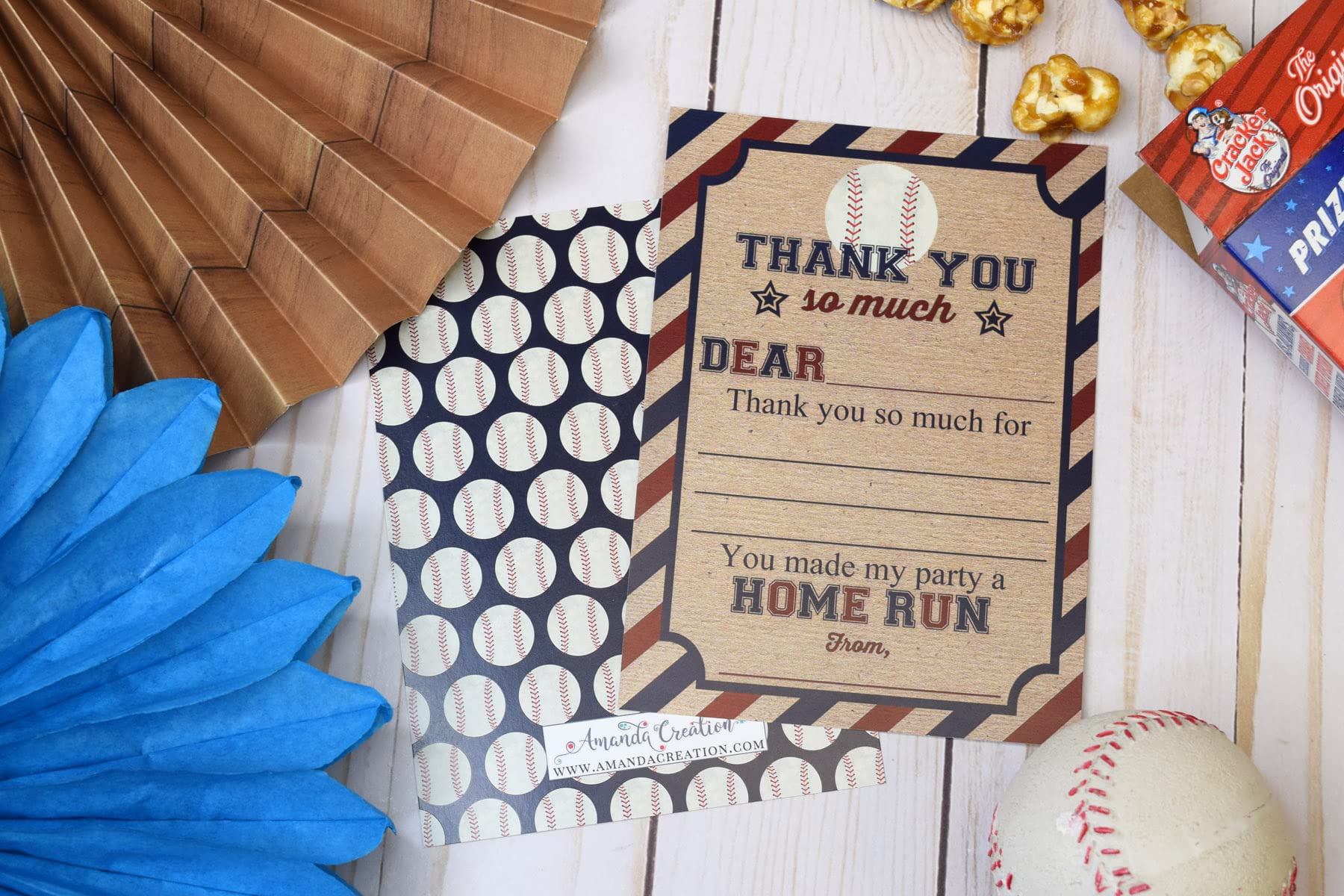 Rookie of the Year Baseball Birthday Thank You Notes, Ten 4" x 5.5" Fill In The Blank Cards with 10 White Envelopes by AmandaCreation