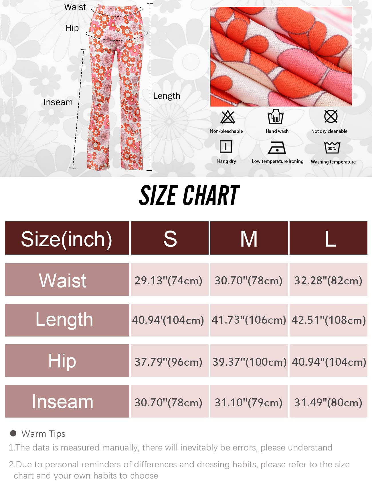 Arssm Boho Flare Pants 70s High Waist Flowerl Print Wide Leg Yoga Hippie Pants(Pink-L)