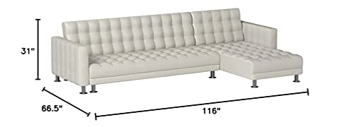 Velago ATTALENS White Modern Convertible Sectional Sofa | Leather Sleeper Queen Size | Reversible Chaise Lounge | Contemporary Living Room Furniture, 116"
