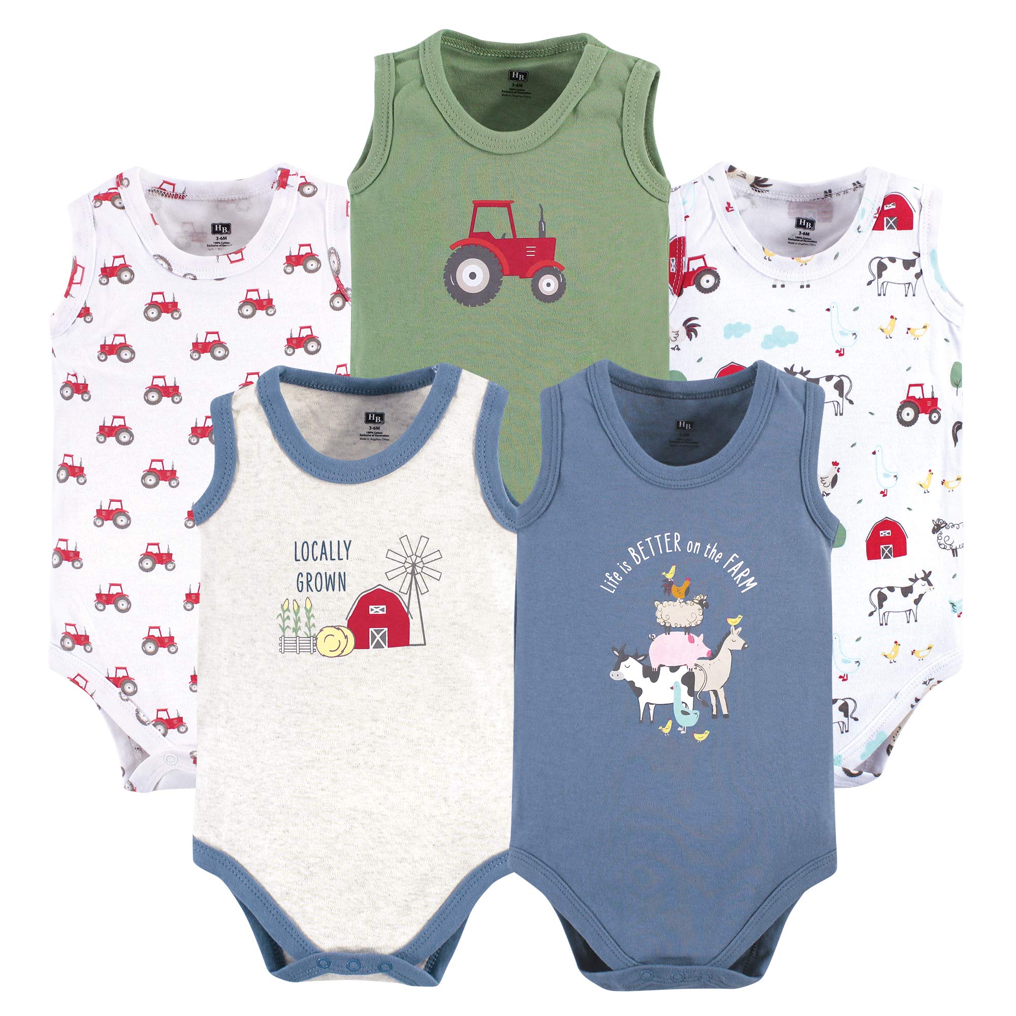 Hudson Baby Unisex Baby Cotton Sleeveless Bodysuits, Boy Farm Animals, 12-18 Months