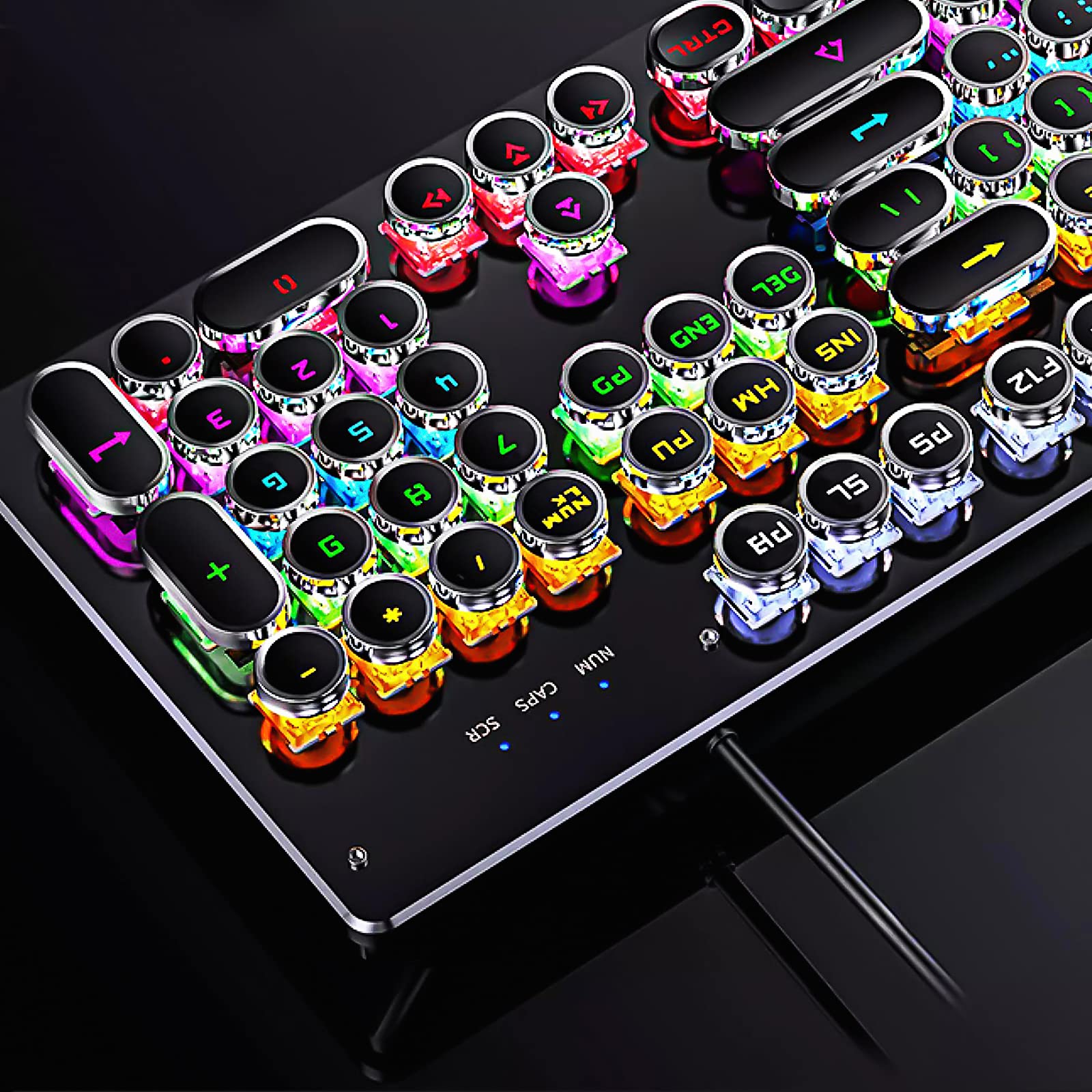 Basaltech Brown Switch Mechanical Keyboard with Rainbow LED Backlit, Typewriter Style Gaming Keyboard with 104-Keys Round Keycaps, Retro Steampunk Keyboard Metal Panel with Wired USB for PC/Mac