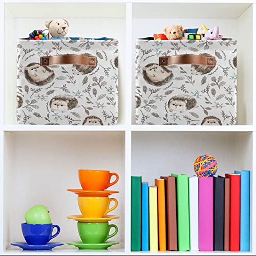 One BearCute Animal Baby Hedgehogs Forest Leaves Storage Basket Square Large Foldable Laundry Baskets Waterproof Inner Layer with Sturdy Handles for Kids Toy Nursery Blanket Clothes 1pack