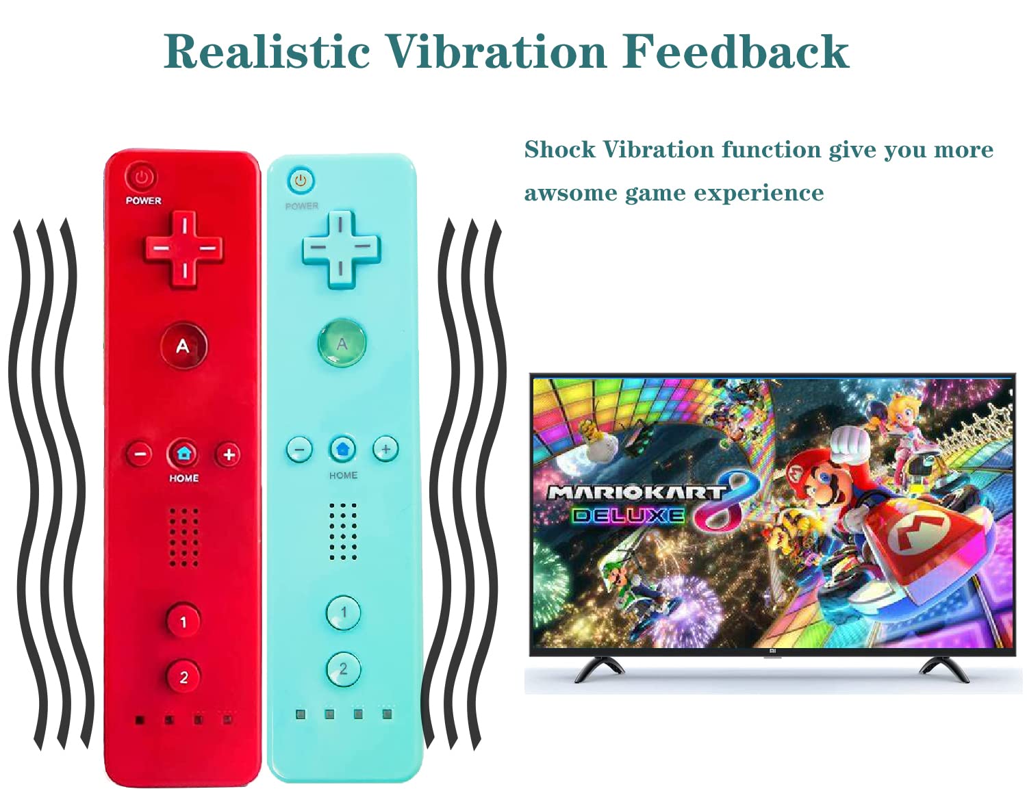 JTao-tec Wii Controller, 2 Packs Wii Controller and Wii Nunchuck for Wii and Wii U Console, with Silicone Case and Wrist Strap (Red + Water Blue)