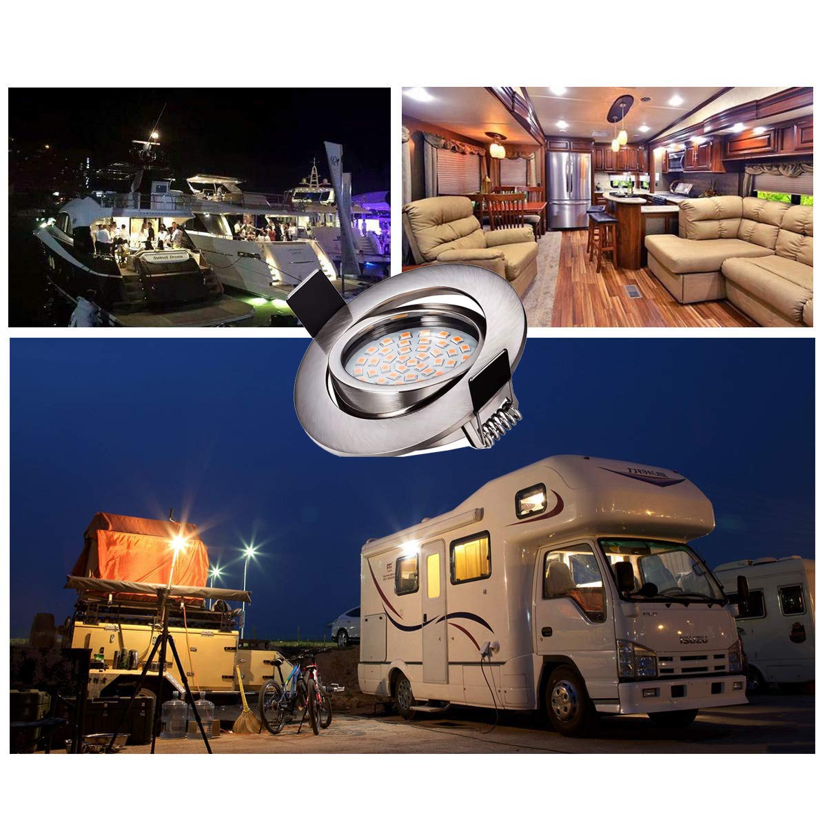 BAYSHE AC/DC12V Recessed Ceiling Light 5W 500lm RV Camper Van Trailer Downlights Stainless Steel,Not-dimmable,3000K Warm White-6 Pack