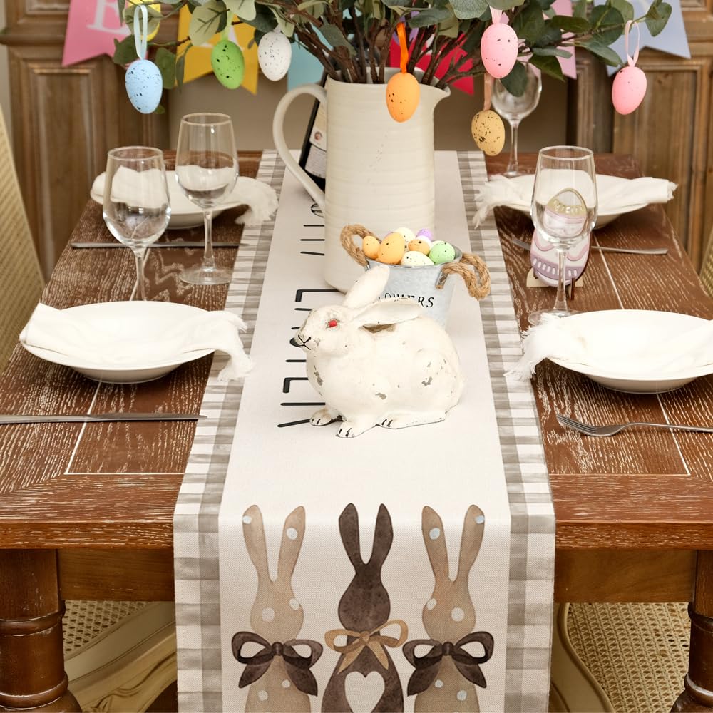 ARKENY Happy Easter Table Runner 13x72 Inches, Bunny Rabbit Spring Holiday Farmhouse Burlap Buffalo Plaid Indoor Table Decorations for Home AT381-72