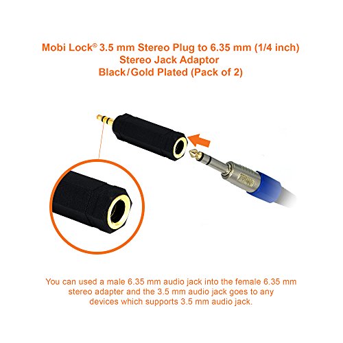 Mobi Lock 3.5mm Plug to 6.35mm Socket (Pack of 2) 1/8 to 1/4 inch Stereo Audio Jack Adapter | Connects Devices with 3.5mm Port to Your Amplifiers, Guitar, Piano, Speakers & Mic That use 6.35mm Port