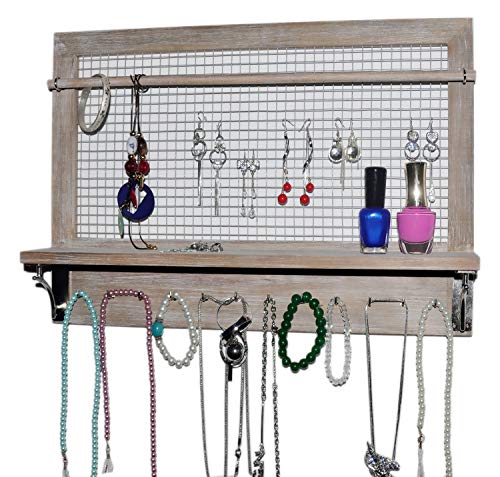 Spiretro Jewelry Organizer, Wall Mount Jewelry Holder Rack with Hooks Shelf and Removable Rod, Hanging Earrings Necklaces Bracelets Rings, Storage Accessories, Rustic Wood_Grey
