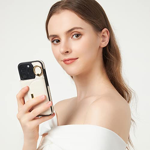 Keallce Case for iPhone 13 Pro Max 6.7'' 2021, Flip Wallet Case with Card Slots, Ring Stand Holder Kickstand, Folio Leather Protective Phone Cover for Women Compatible with iPhone 13 Pro Max 5G, Beige