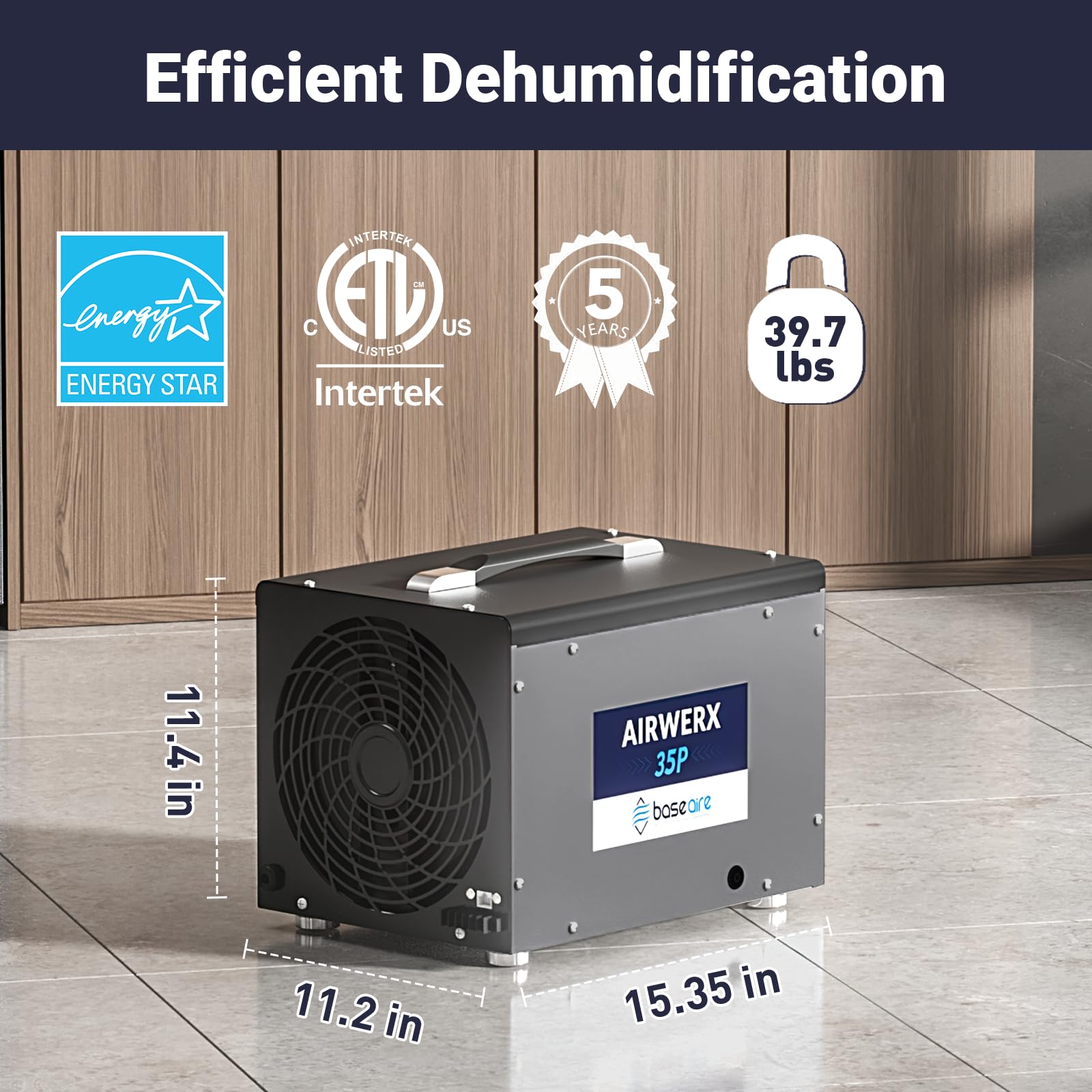 BaseAire Crawlspace Whole House Dehumidifier,70 Pint Commercial Basements Dehumidifiers with Pump Hose, Up to 1000 Sq Ft,Compact,Auto Defrost, Energy Star, GLGR Technology