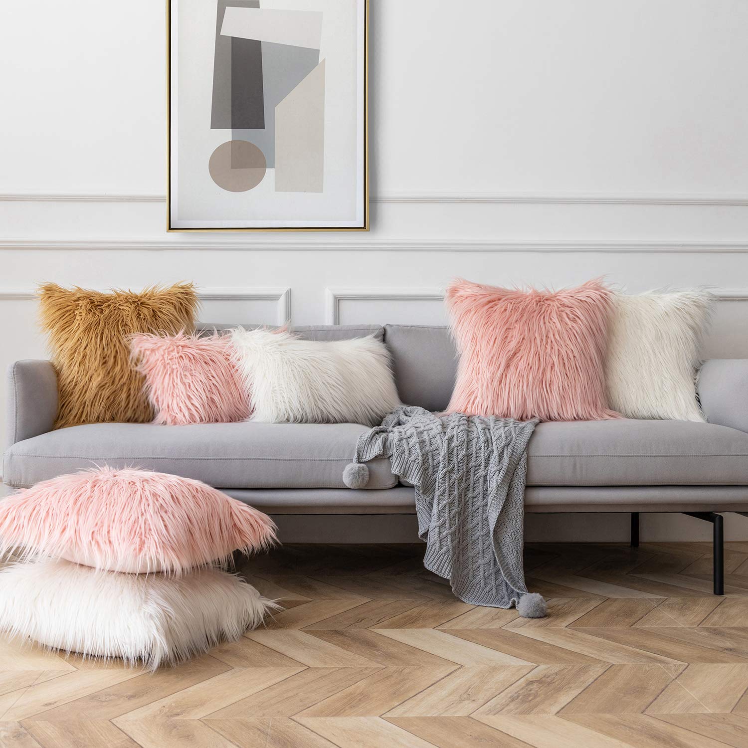 Ashler HOME DECO Pack of 2 Decorative Luxury Style Beige-White Faux Fur Throw Pillow Case Cushion Cover 18 x 18 Inches 45 x 45 cm