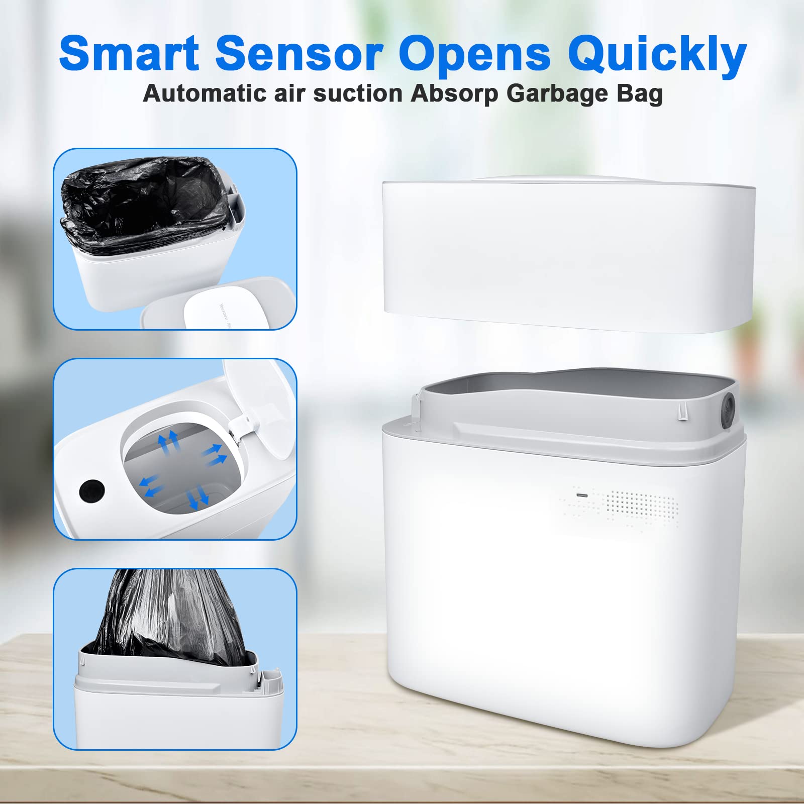 Automatic Bathroom Slim Trash Can with Lid, 3.8 Gallon Small Plastic Rechargeable Touchless Motion Sensor Narrow Smart Garbage Can for Bedroom, Bathroom, Kitchen, Office, RV