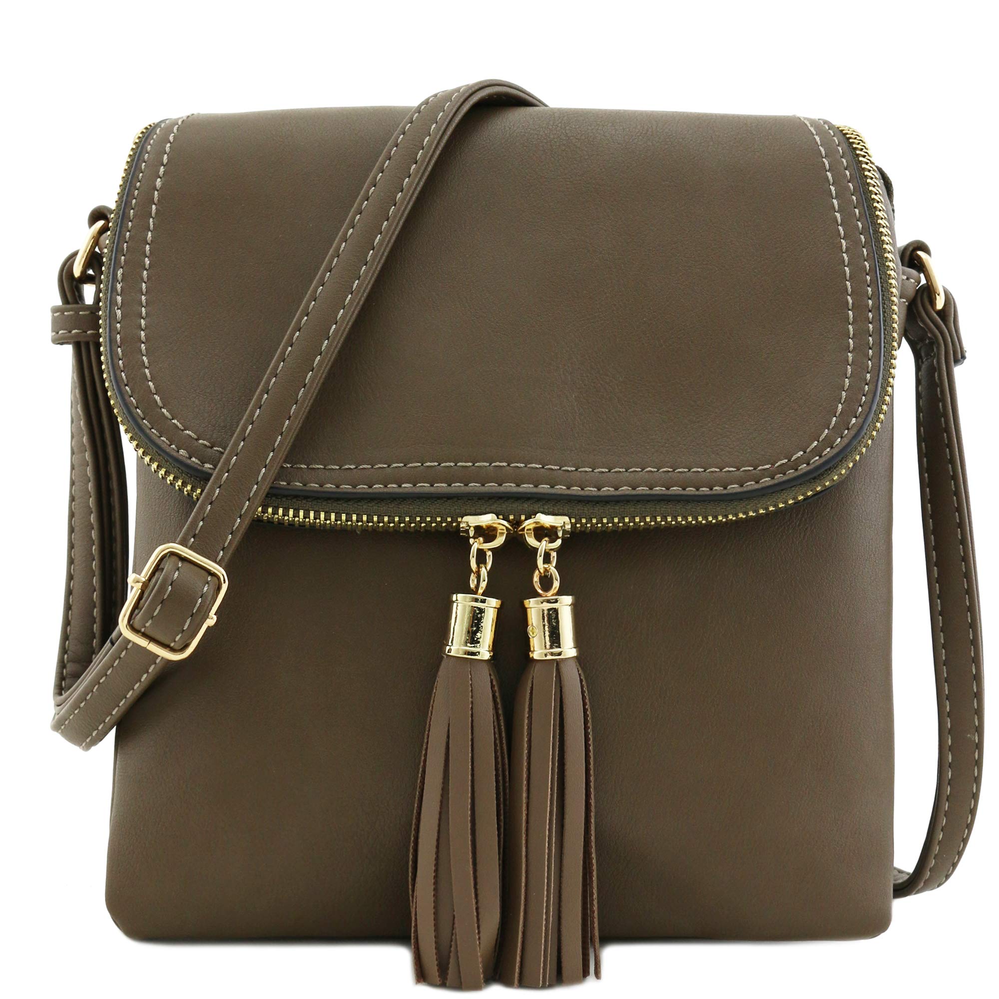Flap Top Double Compartment Crossbody Bag with Tassel Accent (Stone)