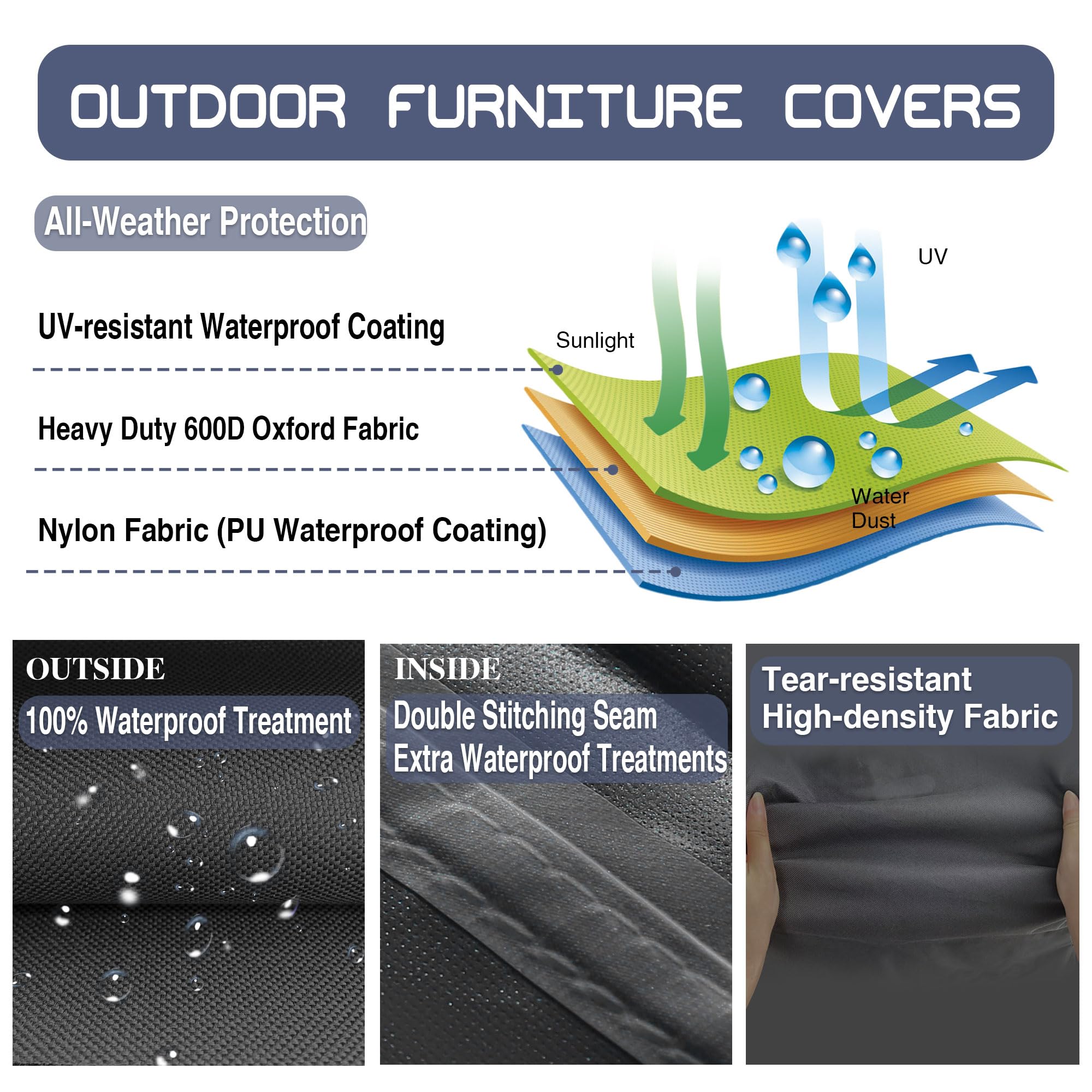 CNCZMH Patio Furniture Covers, Outdoor Patio Chair Covers Waterproof Large, 600D Heavy Duty Table Cover, Outside Dining Table and Chairs Set Covers Rectangular 90X60X24in Grey