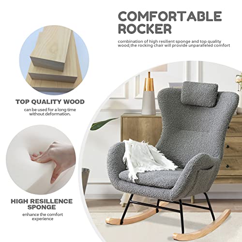 Modern Gray Rocking Chair Nursery Living Room Rocking Chair Teddy Fabric Upholstered Glider Chair High Backrest Side Hanging Pocket Side Accent Chair for Bedroom Offices (Gray + Polyester)