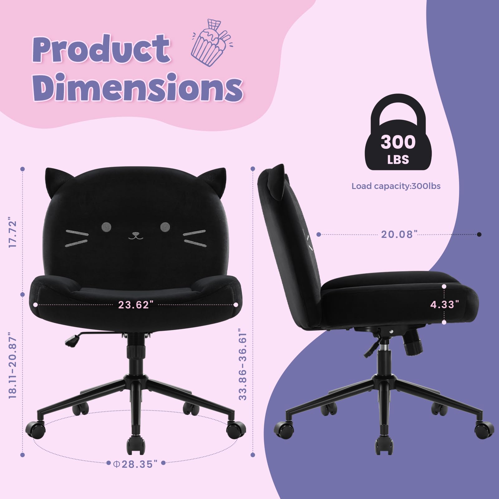 IWMH Armless Office Desk Chair with Wheels,Ergonomic Criss Cross Legged Computer Chair with Fabric Padded, Height Adjustable Wide Seat Vanity Chair,Mid Back Task Chair for Home, Bedroom (Black)