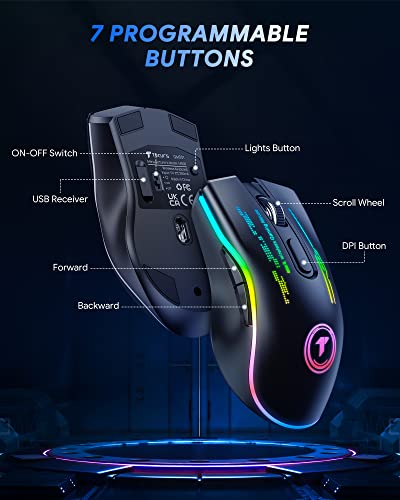 TECURS Gaming Mouse Wireless Gaming Mouse,USB Optical Computer Mouse Mice with 5 LED Lights,Rechargeable Gamer Mouse,4800 DPI for Laptop PC Gamer Desktop Chromebook Mac,Black