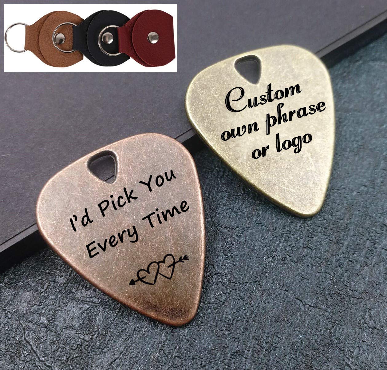 JUPPE Bronze Guitar Picks & Bass Picks, I'd Pick You Every Time Guitar Pick With Leather Case Birthday Music Gifts For Him Her or Couples (I'd Pick You Every Time)