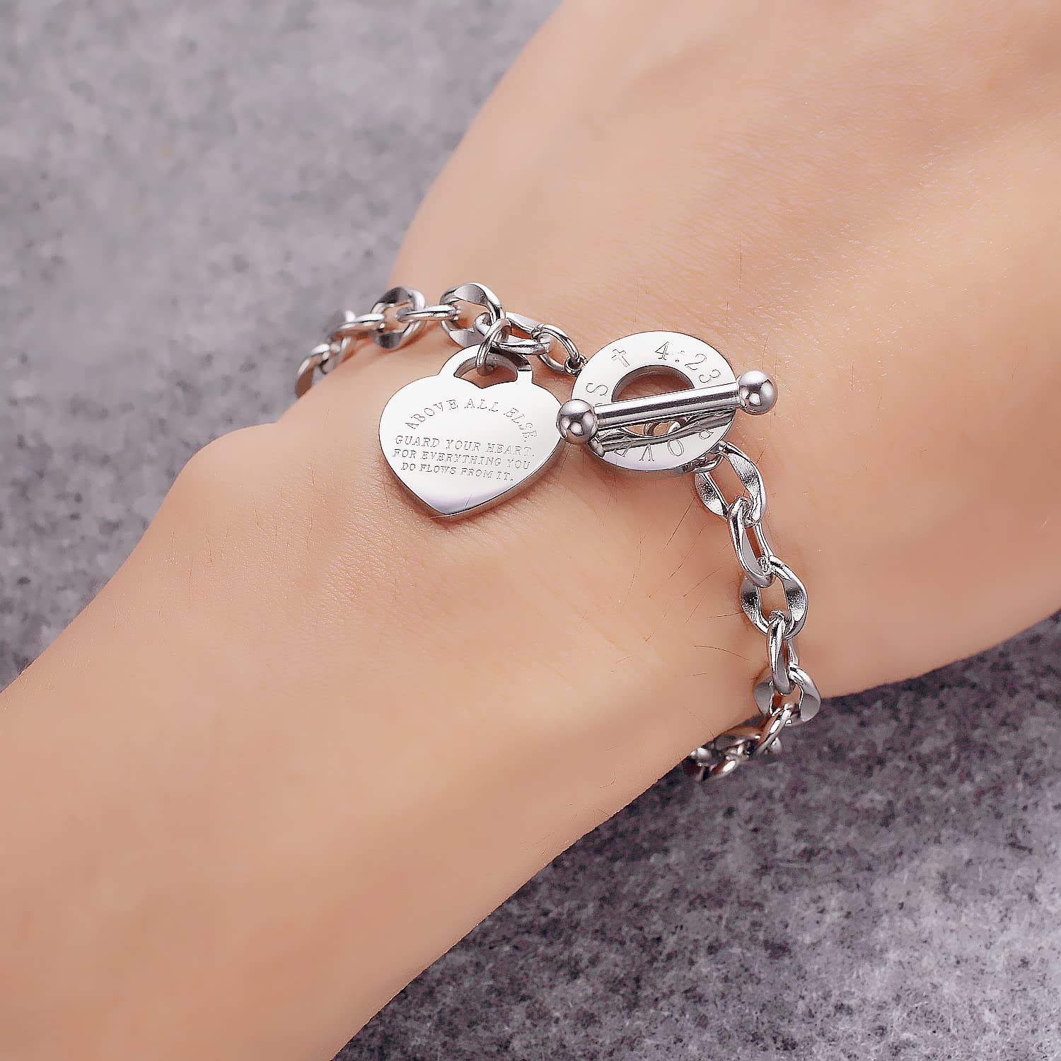 JUPPE Silver Titanium Steel Engraved Bracelet Personalized Proverbs 4:23 Bangle Gift for Women Girls (Silver-1)