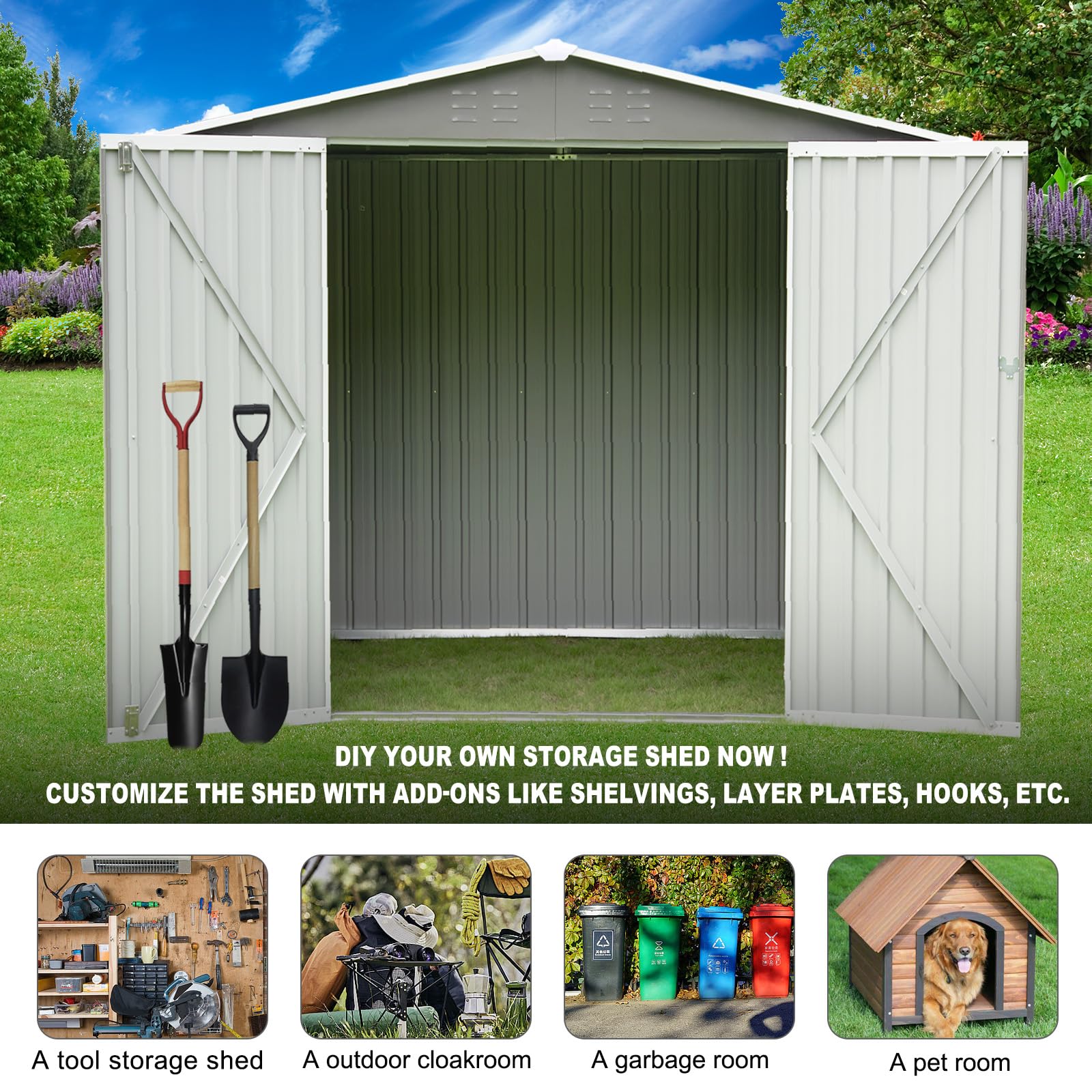 Udekoo Outdoor Storage Shed Metal 4.2x7 FT, Portable Utility Tool Outside Shed Box Waterproof Large Shed House for Patio Backyard Garden, Grey