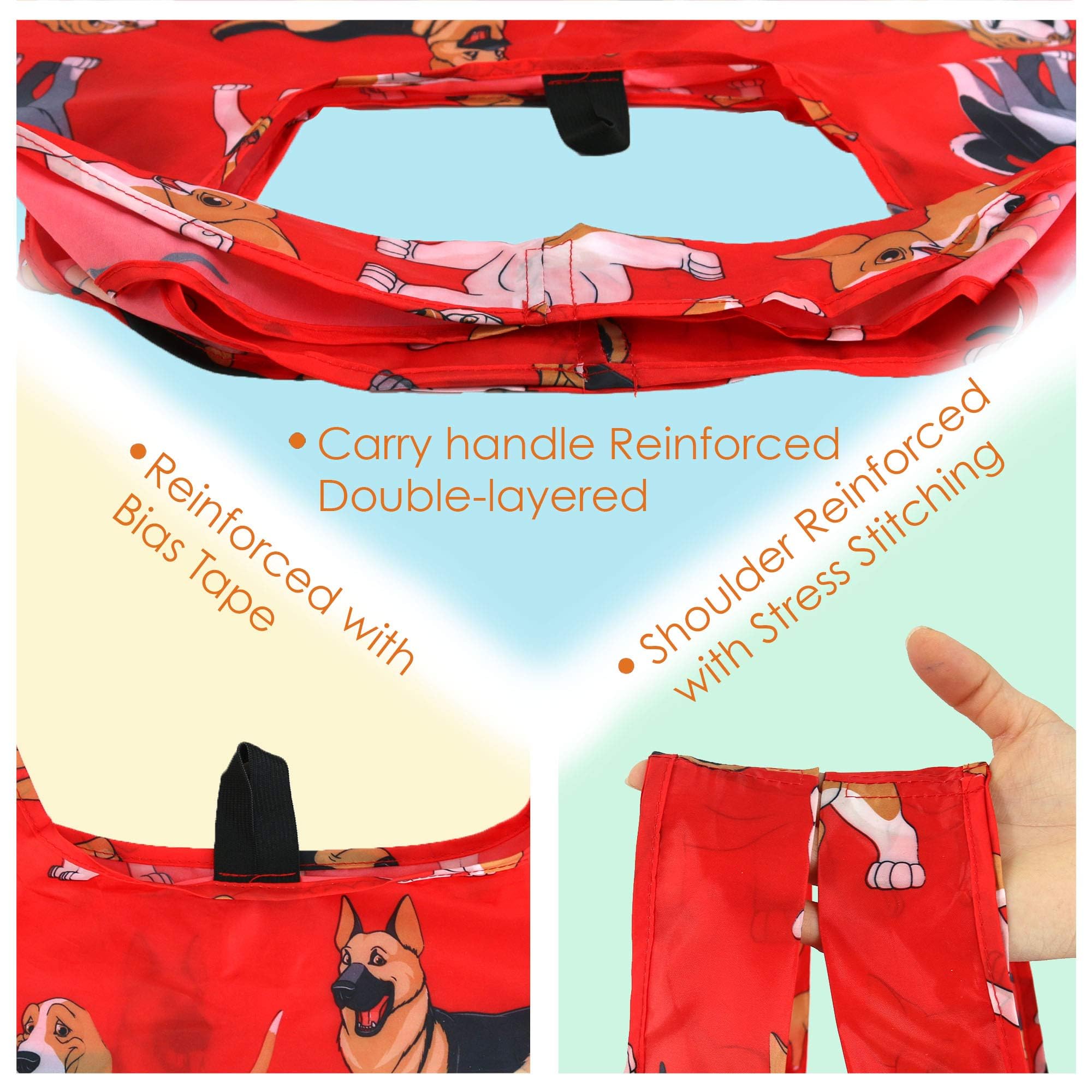 BeeGreen 12 Packs Cute Dogs Reusable Grocery Bagsw Storage Pouch & Elastic Band Reusable Shopping Bags Bulk 50LBS X-Large-Foldable-Machine Washable-Heavy Duty Bags Recycling Bags w Handle