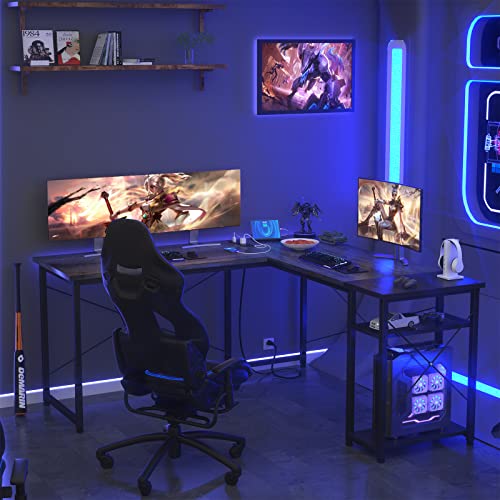 Ecoprsio L-Shaped Desk with Power Station and USB, Large L Shaped Gaming Desk with Storage Shelves Industrial Corner Desk Writing Study Table for Home Office Gaming Workstation, Oak and Black