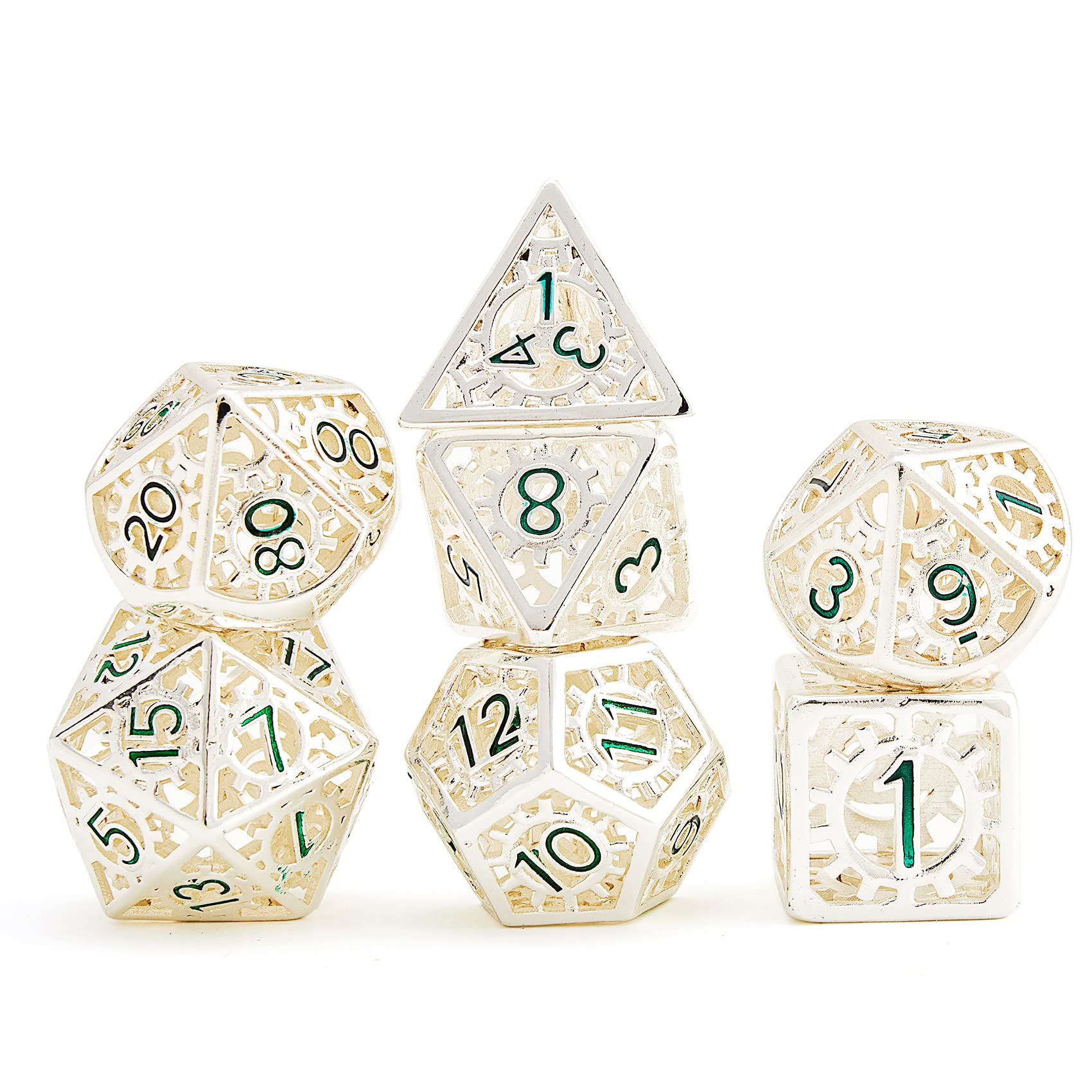Hollow Metal DND Dice Set of 7 Uniquely Designed Polyhedral D&D Dice Set with Gift Metal Box and Numbers for Dungeons & Dragons RPG Role Playing and Pathfinder Dice Games(White-2)